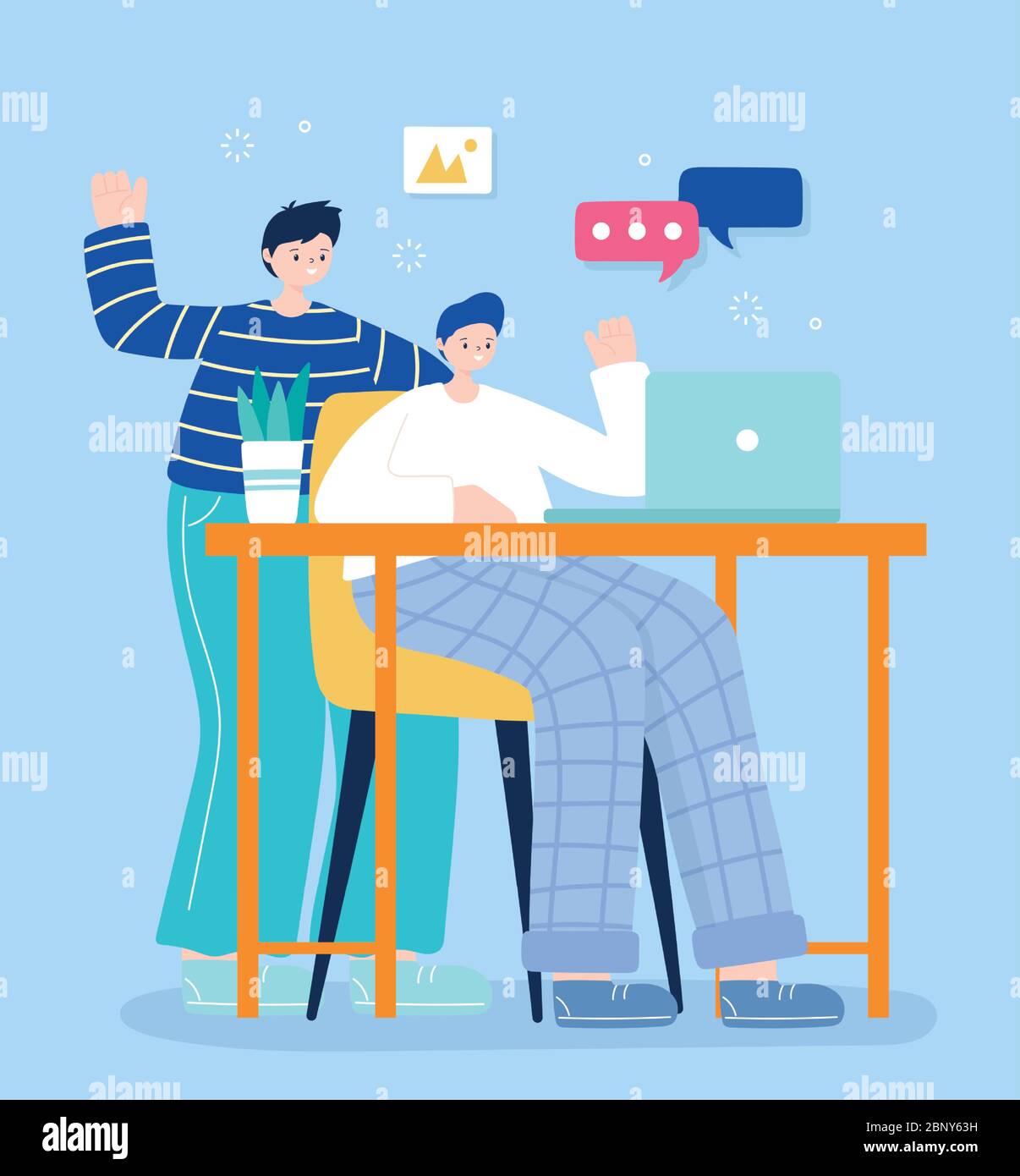 two young men using laptop in desk, social media chat talking vector ...