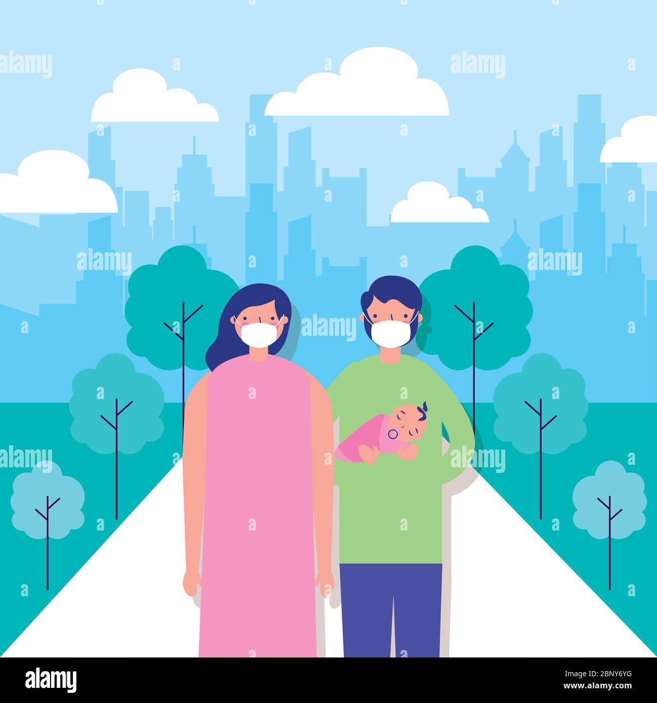 parents couple lifting baby using face masks Stock Vector Image & Art ...