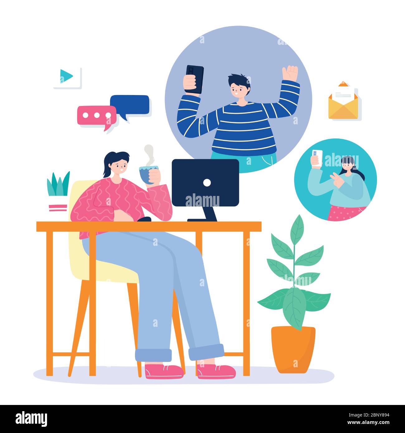 young woman with coffee cup using laptop chatting with people vector ...
