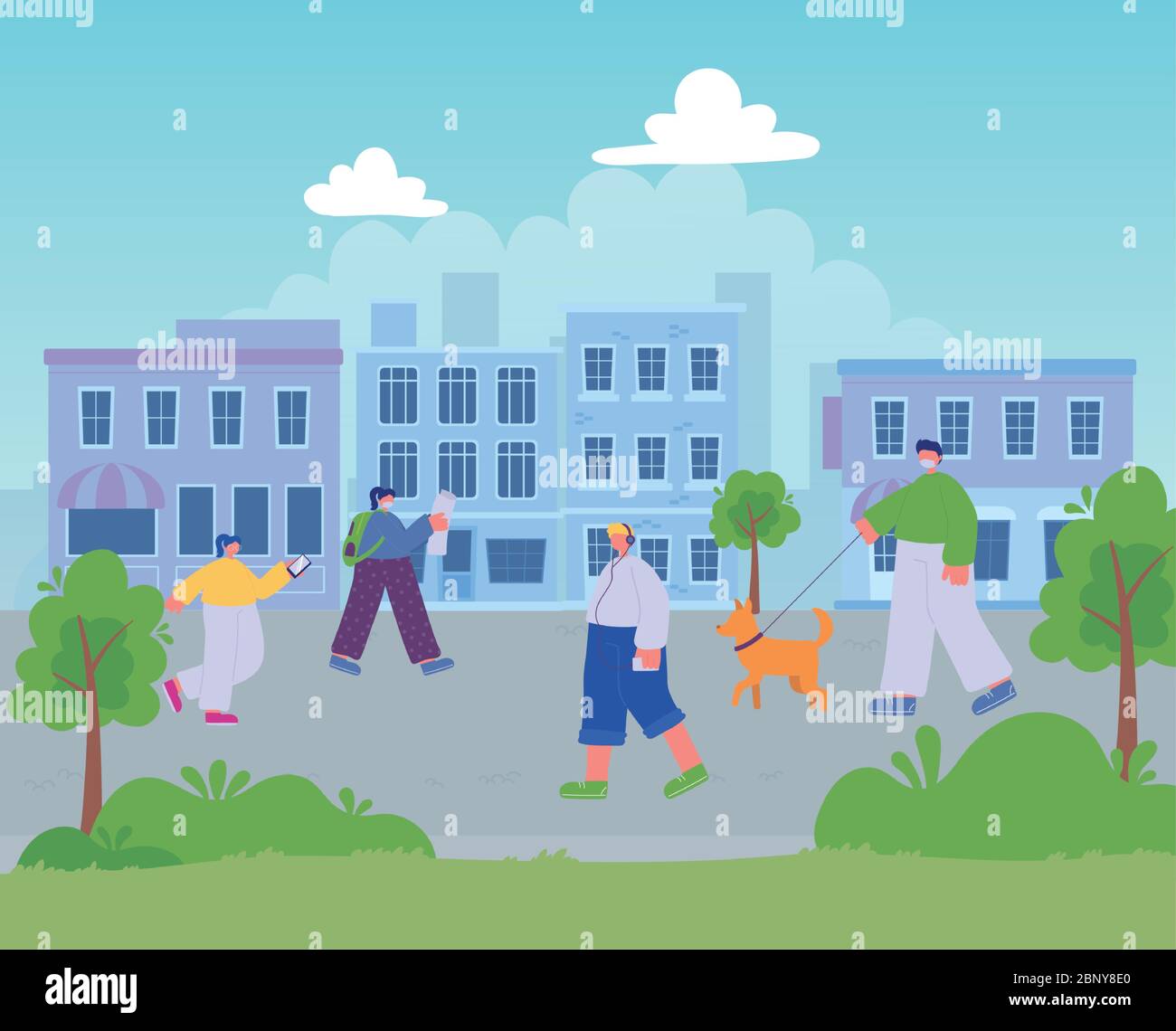 people walking in the street city, different activities urban panoramic ...