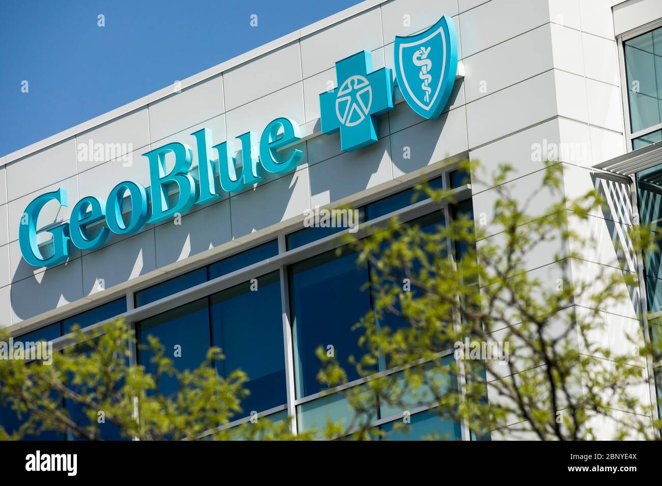 A logo sign outside of the headquarters of GeoBlue in King of Prussia ...