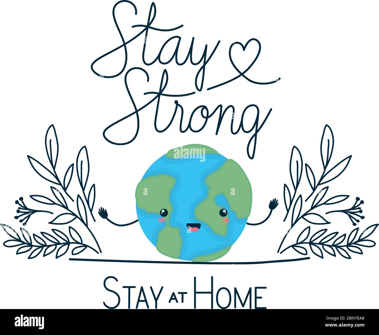 kawaii world cartoon and stay strong and at home text vector design ...
