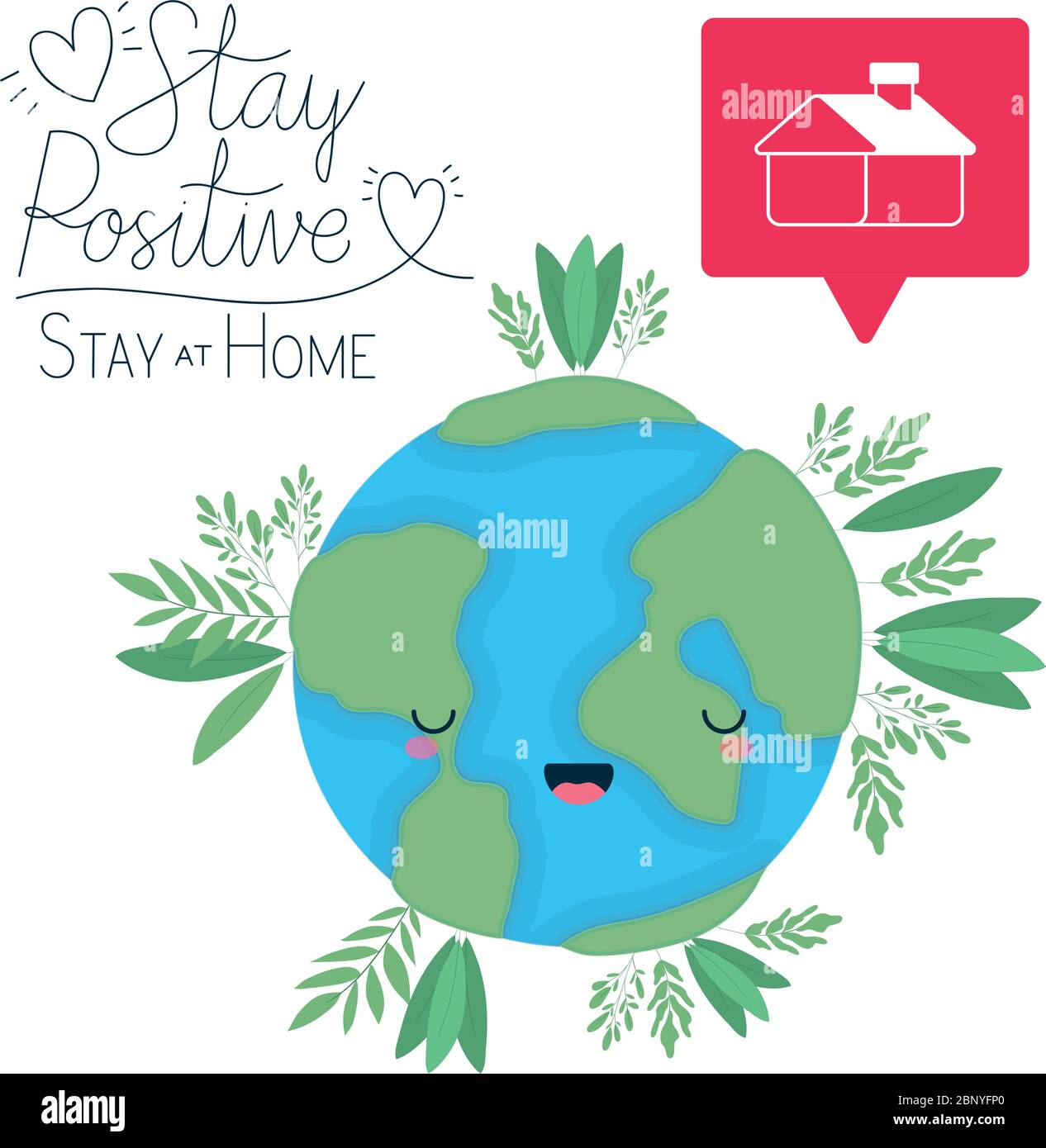 kawaii world cartoon and stay positive and at home text vector design ...
