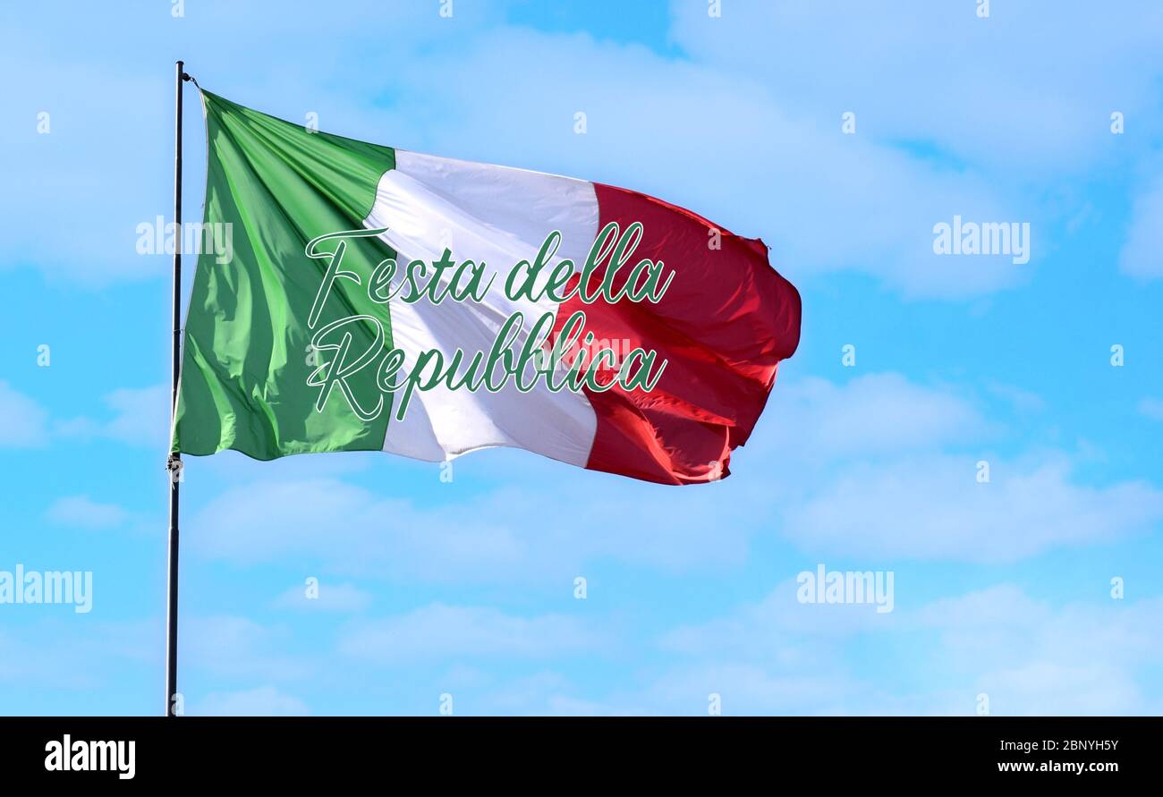 Italian flag flying in a blue light sky. Italian fly with the text ...