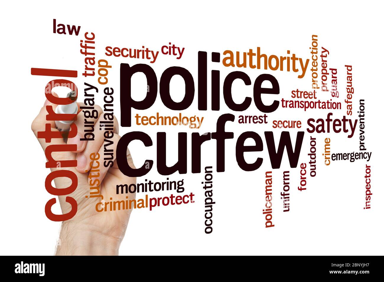 Police curfew word cloud concept on white background Stock Photo - Alamy