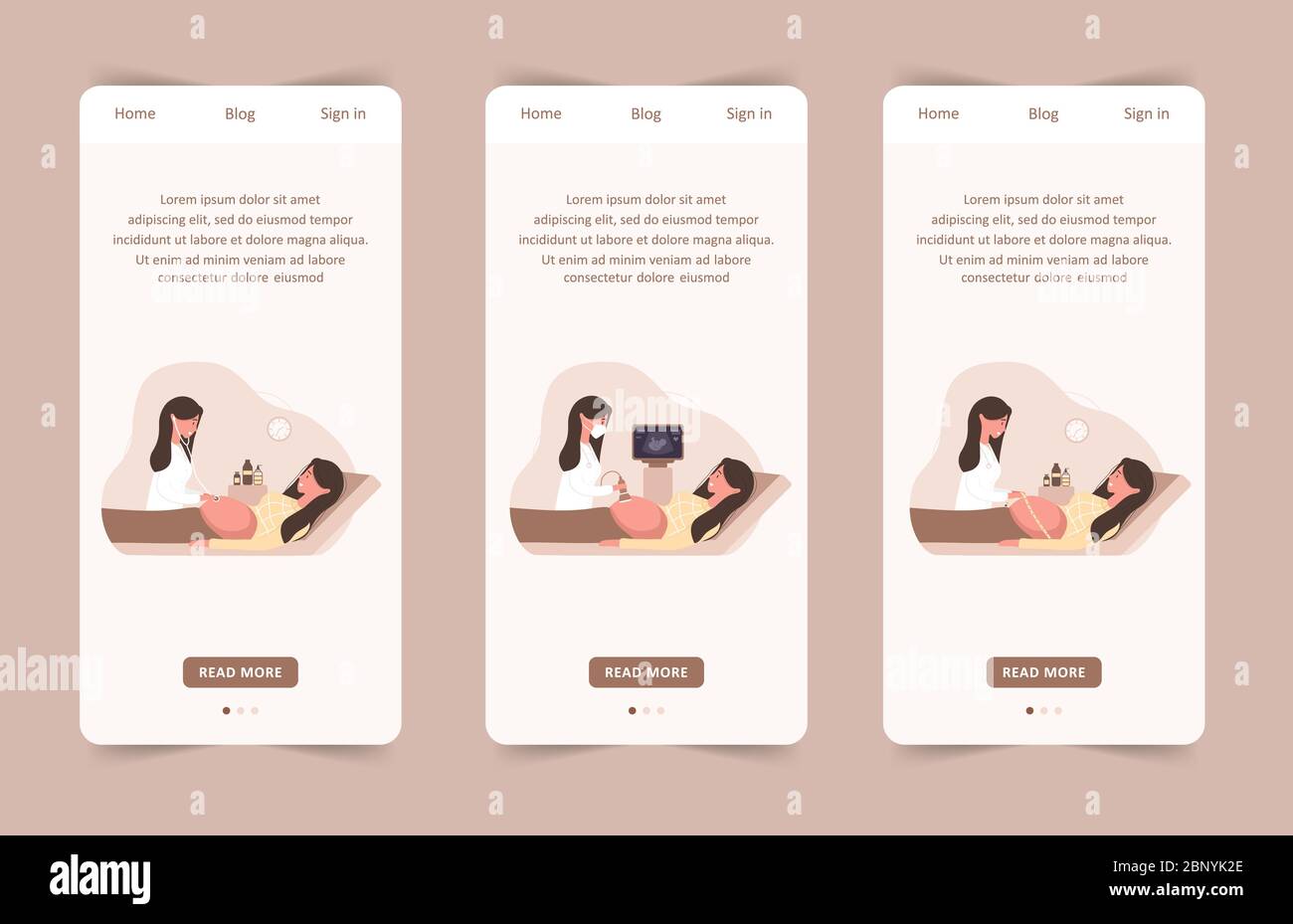 Set of landing page template. Female doctor scanning young mother. Girl ...