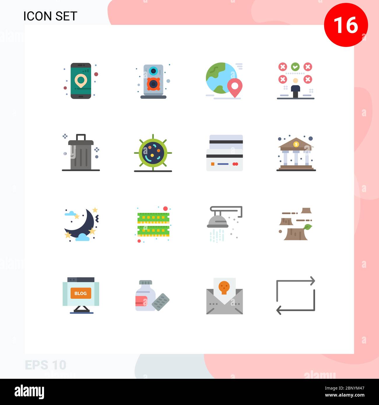 Flat Color Pack of 16 Universal Symbols of bin, user, map, man ...