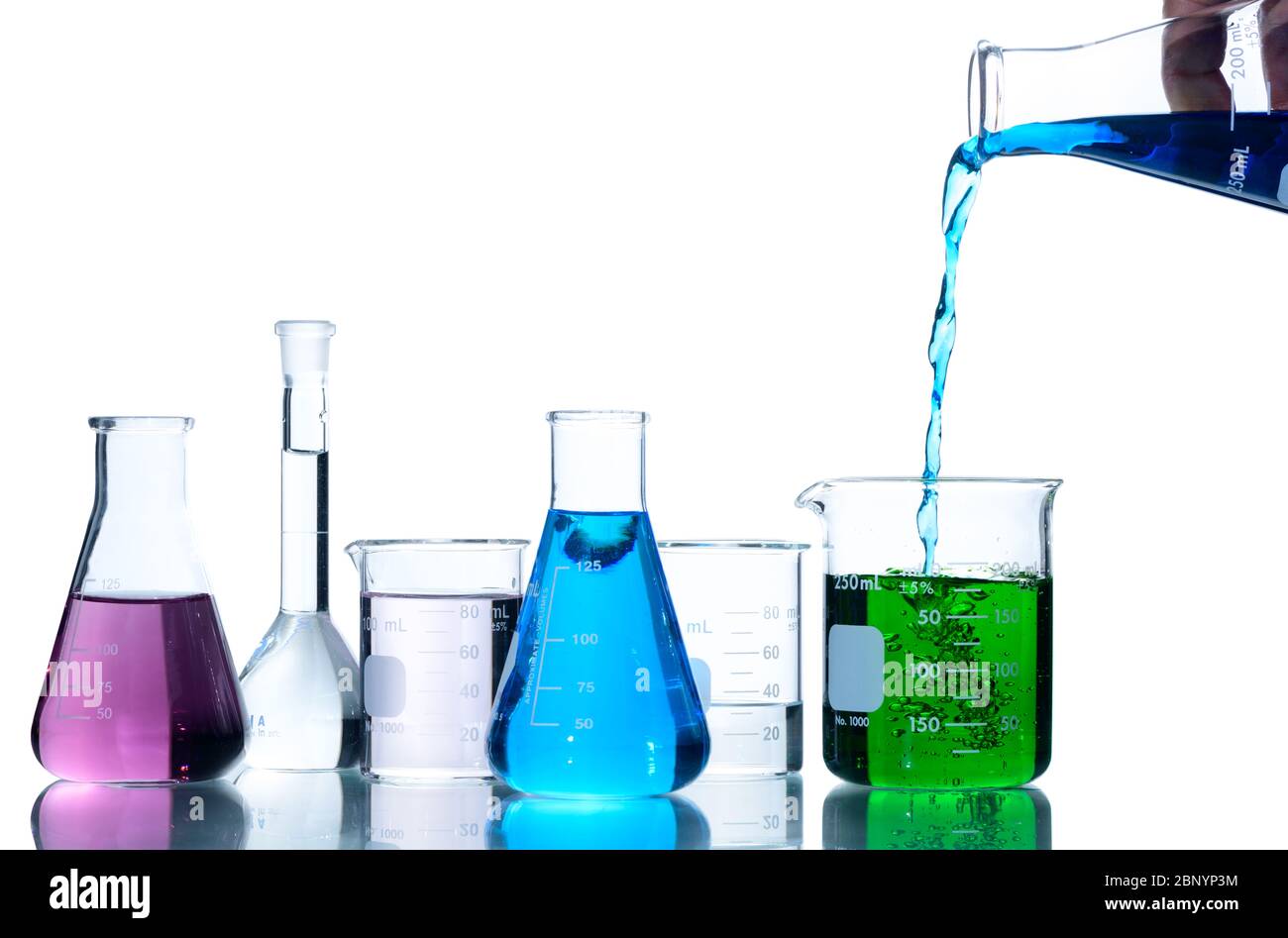 Scientist put blue liquid into measuring beaker with laboratory ...