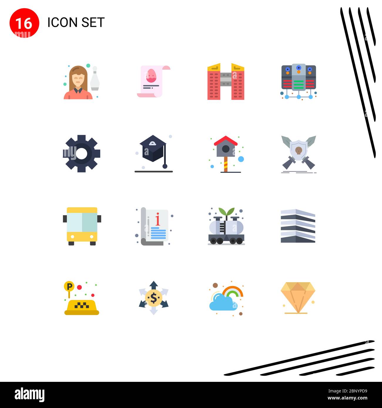 Flat Color Pack of 16 Universal Symbols of setting, cog, egg, shared ...