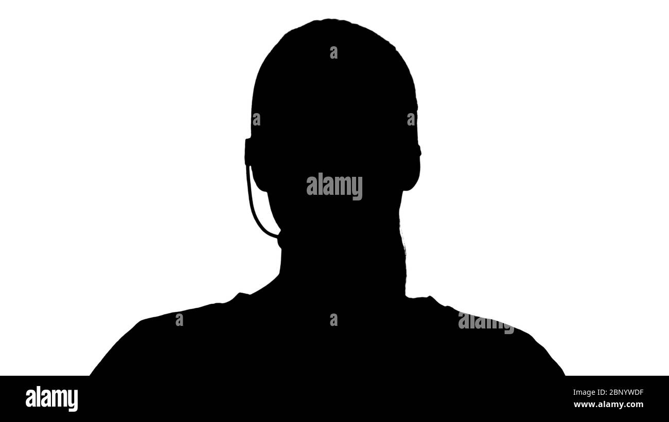 Silhouette Pretty female support center operator with headset smiling ...