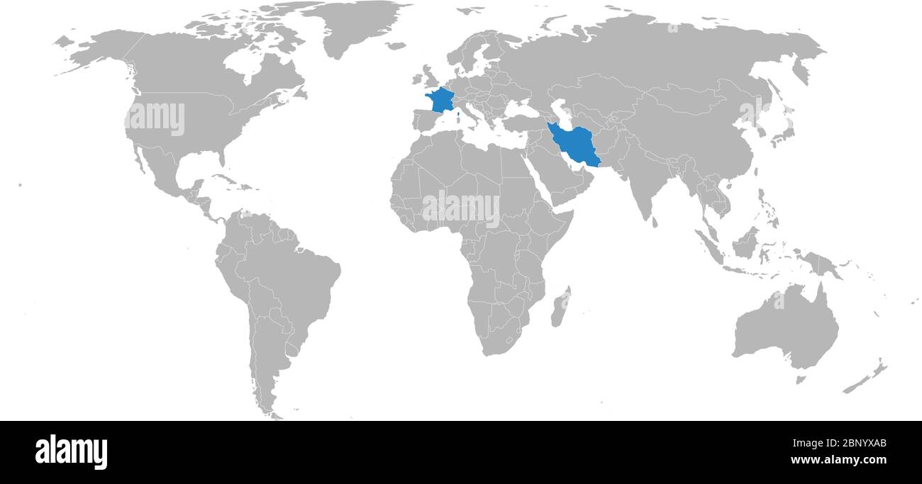 Iran, france countries highlighted on world map. Light gray background ... Iran, france countries highlighted on world map. Light gray background ...