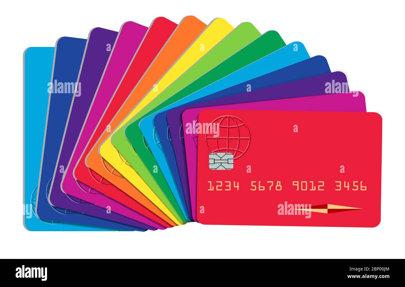 Generic, mock credit or debit cards are seen fanned out. The colors are ...