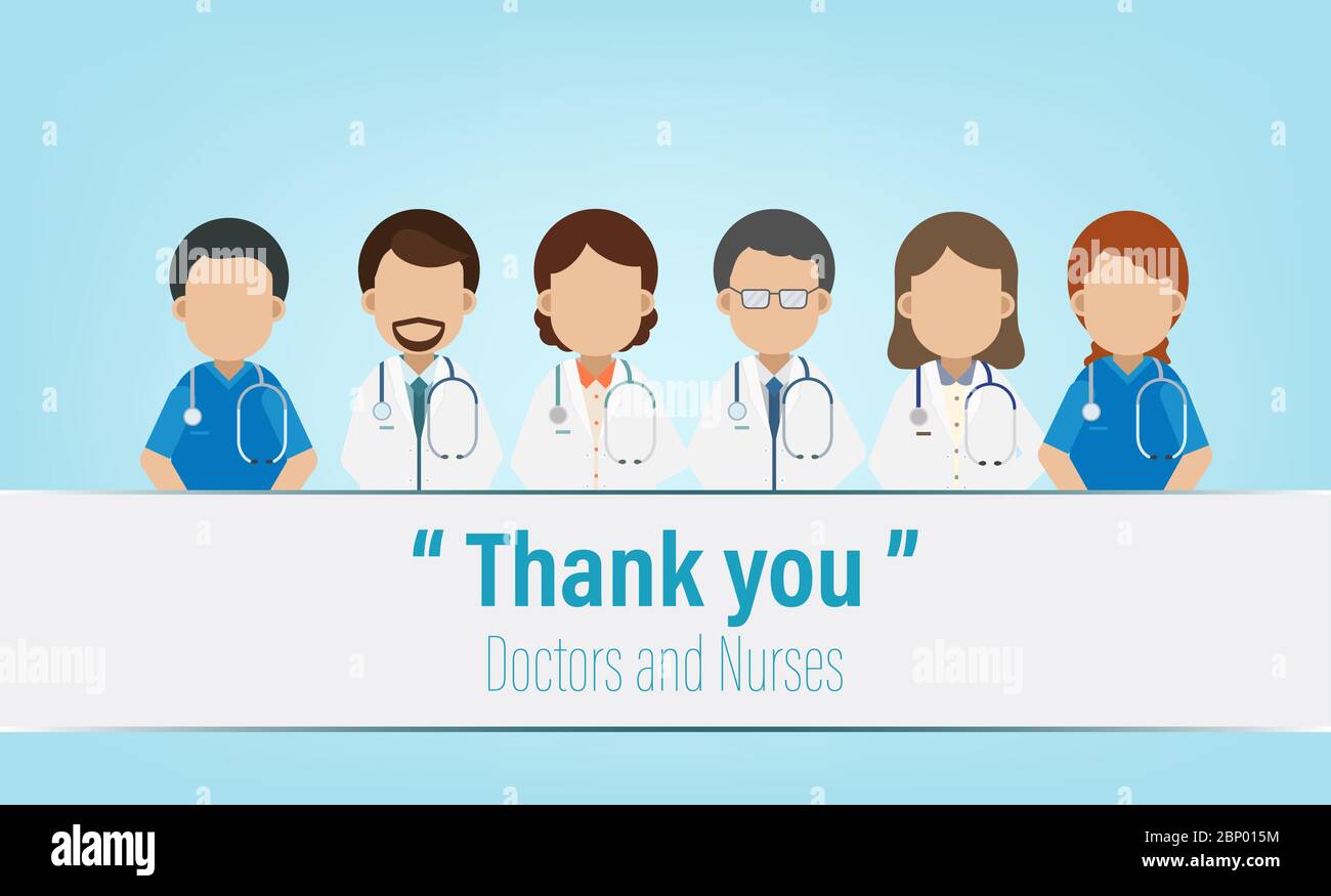 Thank you label with set of doctor and nurses flat design vector ...