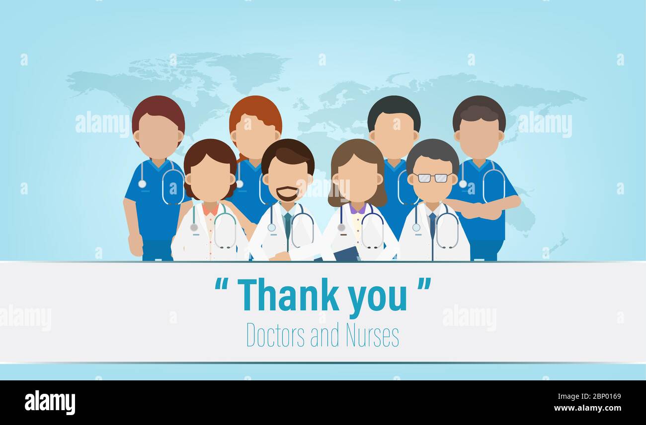 Thank you label with set of doctor and nurses flat design vector ...