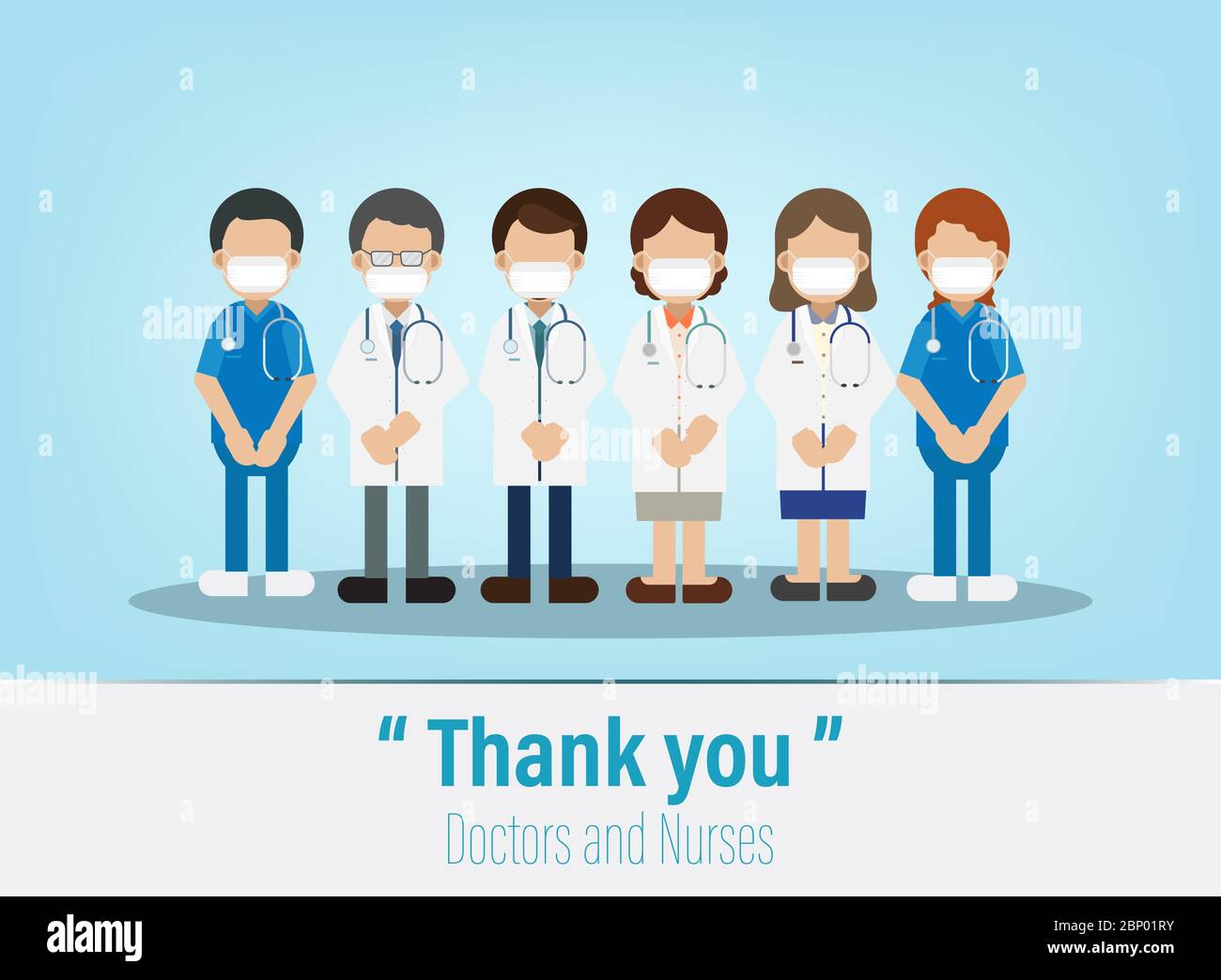 Thank you label with set of doctor and nurses flat design vector ...