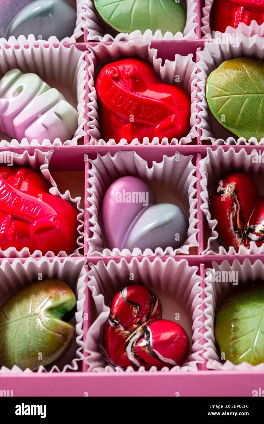 Chocolate candy gift box overhead view Stock Photo - Alamy