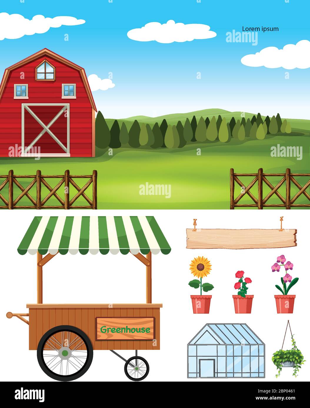 Farm scene with barn on the farm and other farm items illustration ...
