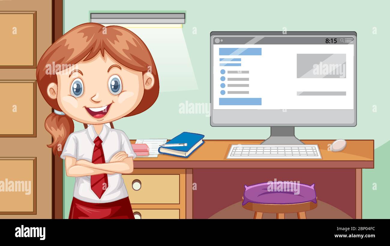 Happy girl next to study table illustration Stock Vector Image & Art ...