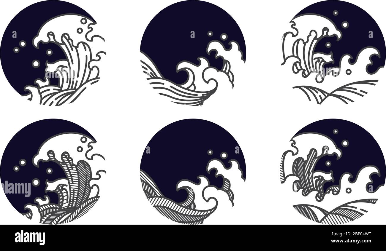 Japan oriental wave line in dark round shape vector set collection ...
