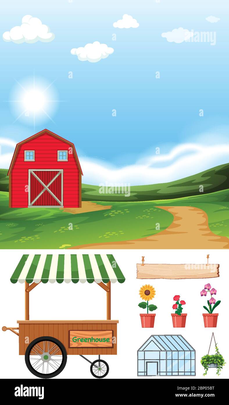 Farm scene with barn and other farming items illustration Stock Vector ...