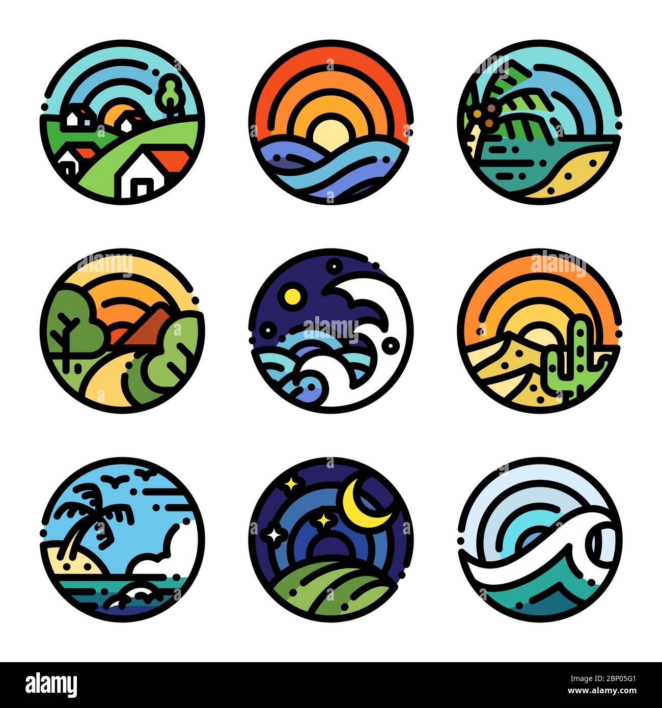 Landscape art colour illustration in round shape. Line view icons Stock ...