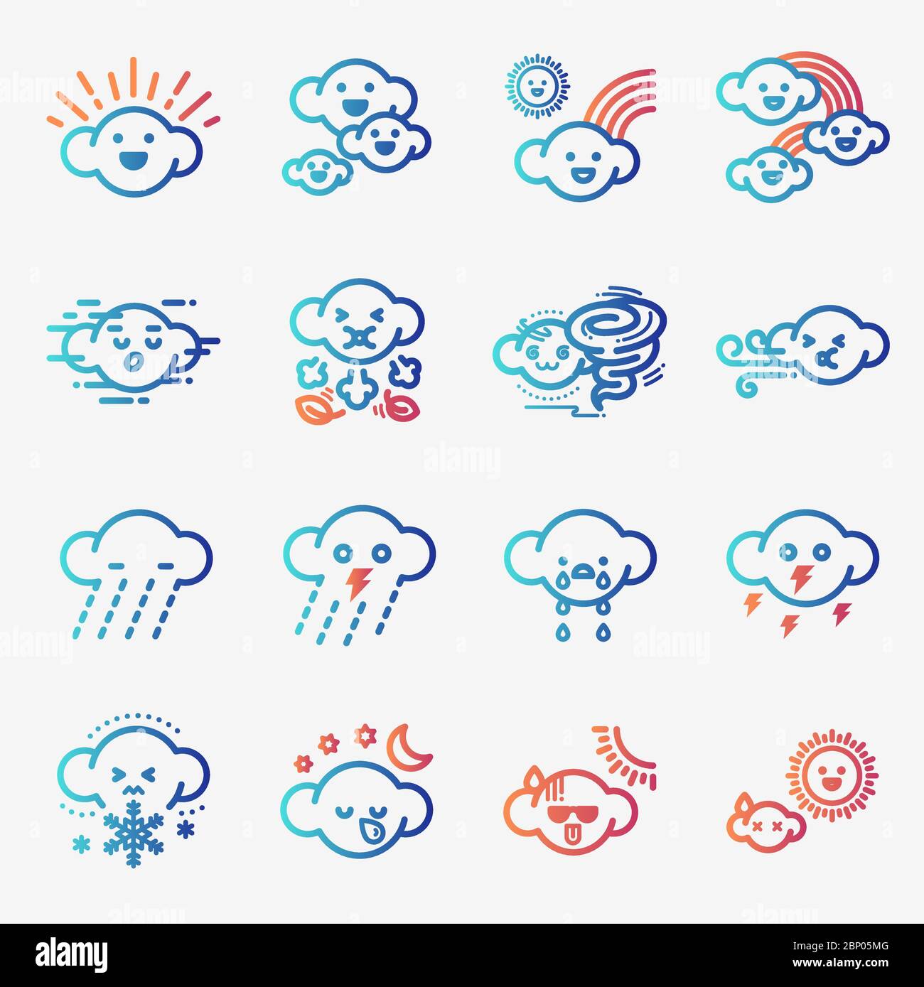 Weather icon set. Line art. Cartoon doodle design.Elements and seasonal ...