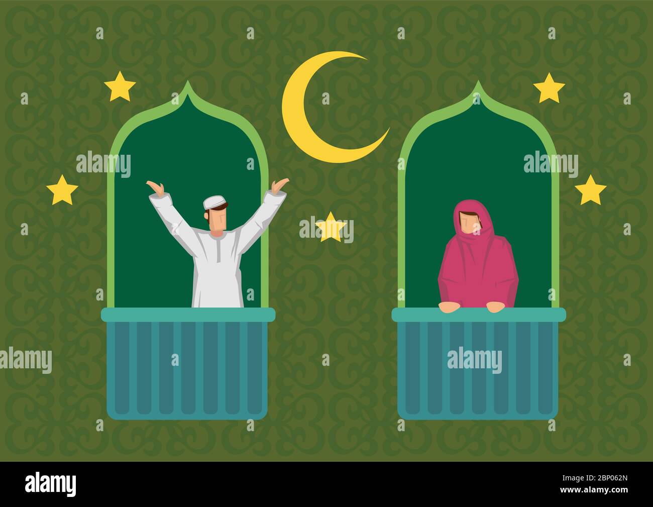 Muslim couple with crescent moon, stars and a texture green background ...