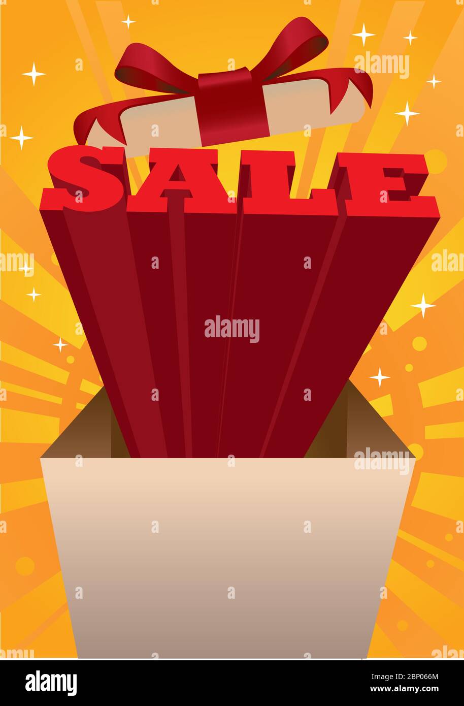 Open box with sale messages coming out with rainbow and stars. Vector ...