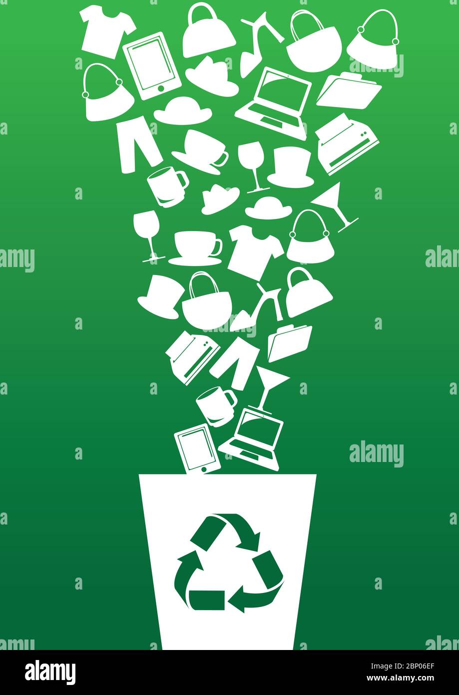 Vector illustration of different consumer products going into recycle ...