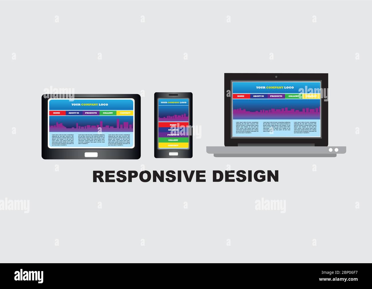 Digital tablet, smart phone and laptop computer with the same website on screen. Vector ...