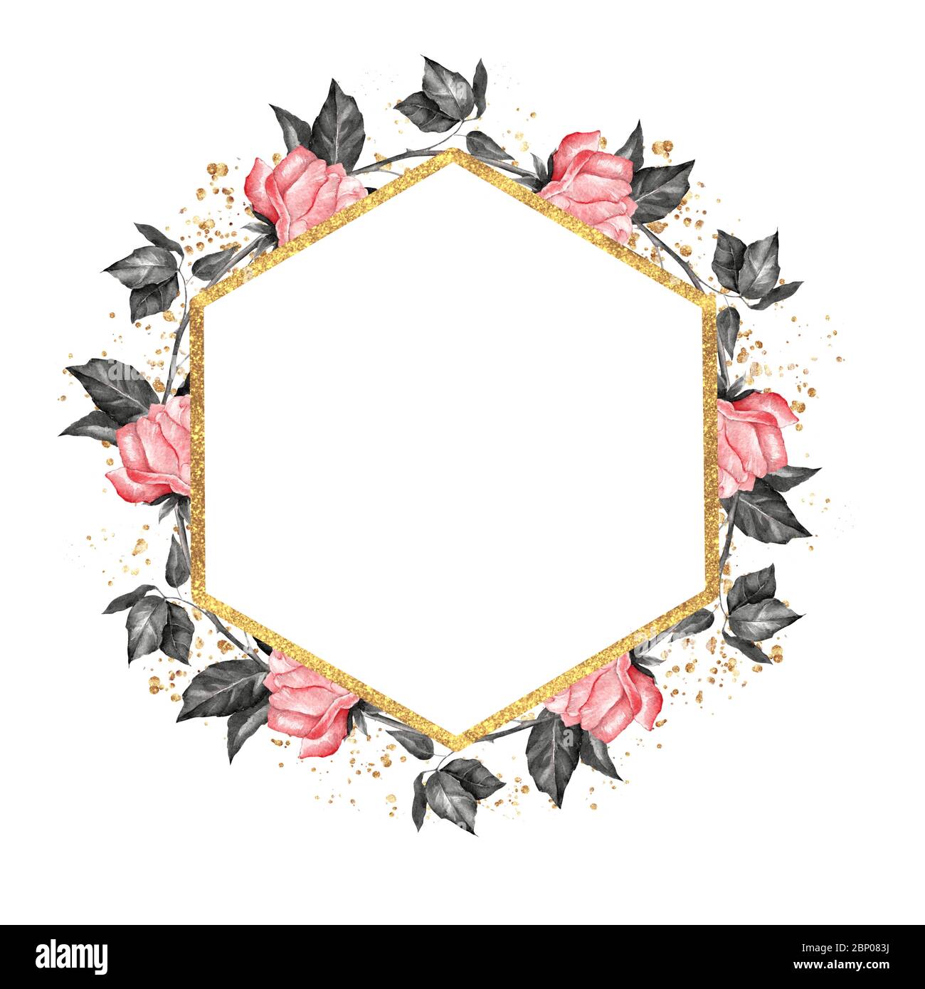 Floral card with roses. Gold frame with watercolor flowers on white ...