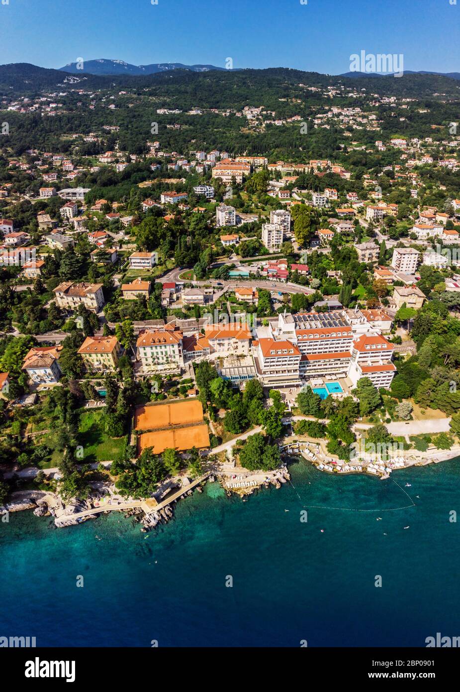 Beautiful panoramic view of Lovran village and its sea shore in Croatia ...