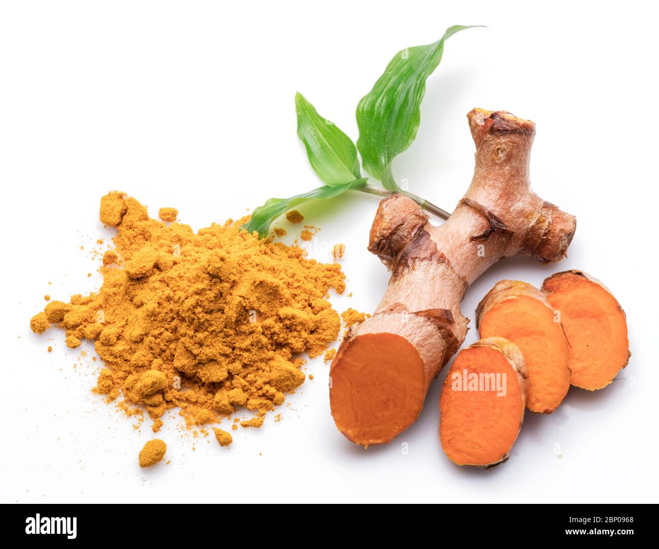 Fresh turmeric rhizome and turmeric powder isolated on white background ...