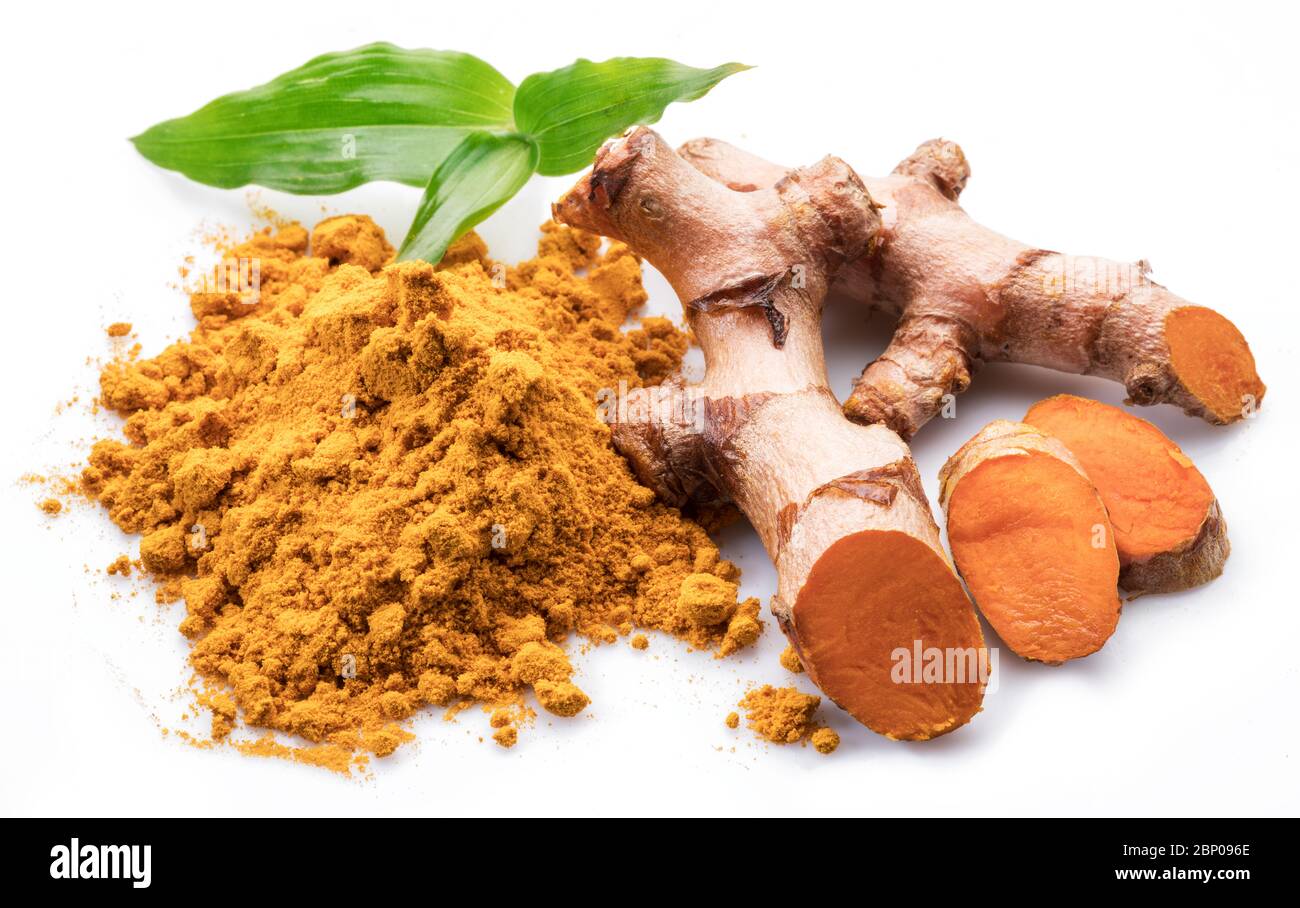 Fresh turmeric rhizome and turmeric powder isolated on white background ...