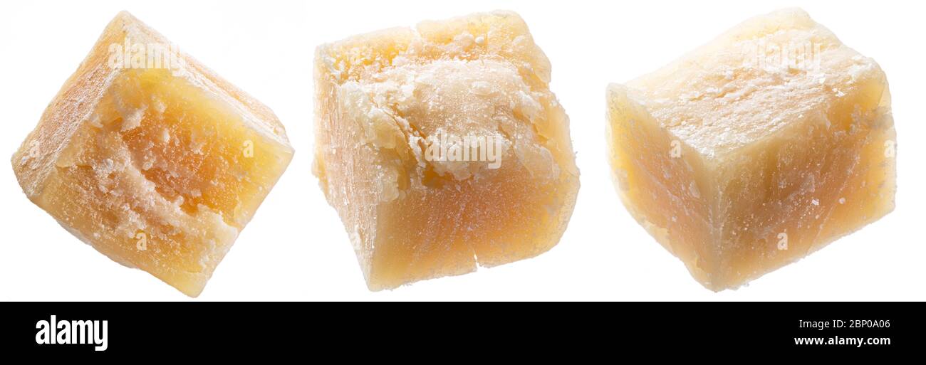 Parmesan cheese cubes isolated on white background. File contains ...