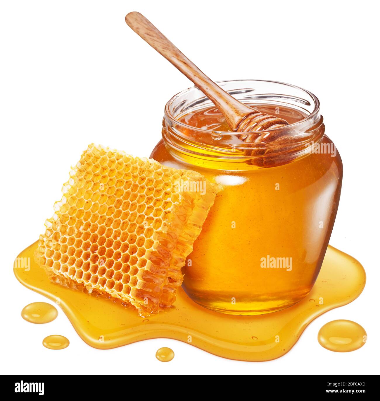 Glass pot of honey, honeycombs and sweet sticky honey puddle isolated ...