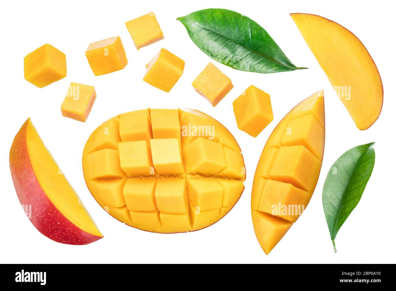 Set of mango cubes and mango slices isolated on a white background ...