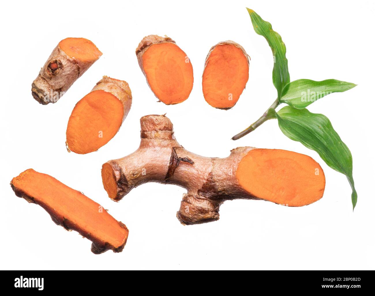 Collection of fresh turmeric cuts isolated on white background Stock ...