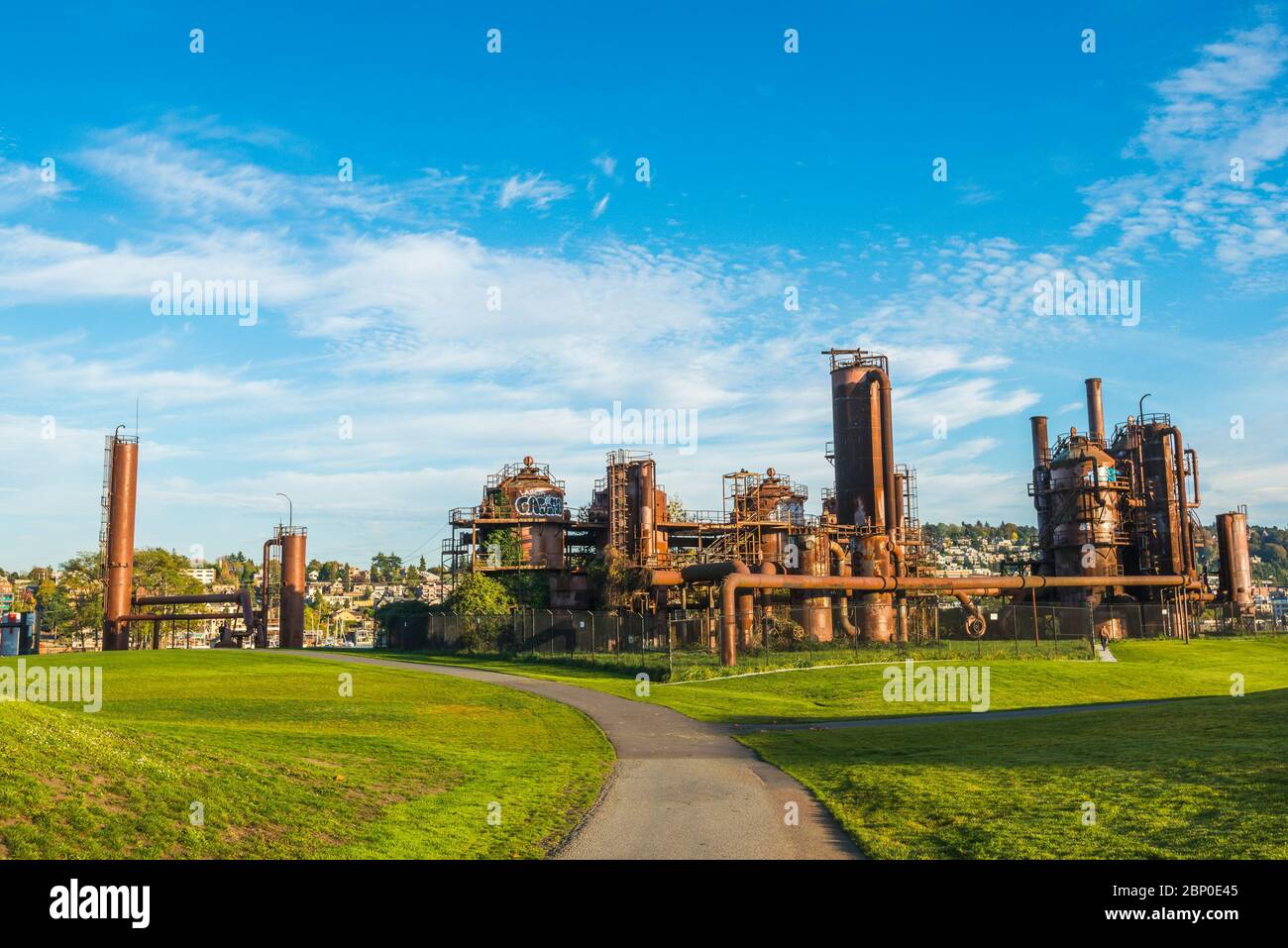 Gas works Park in sunny day with blue sky,Seattle,Washington,USA Stock ...