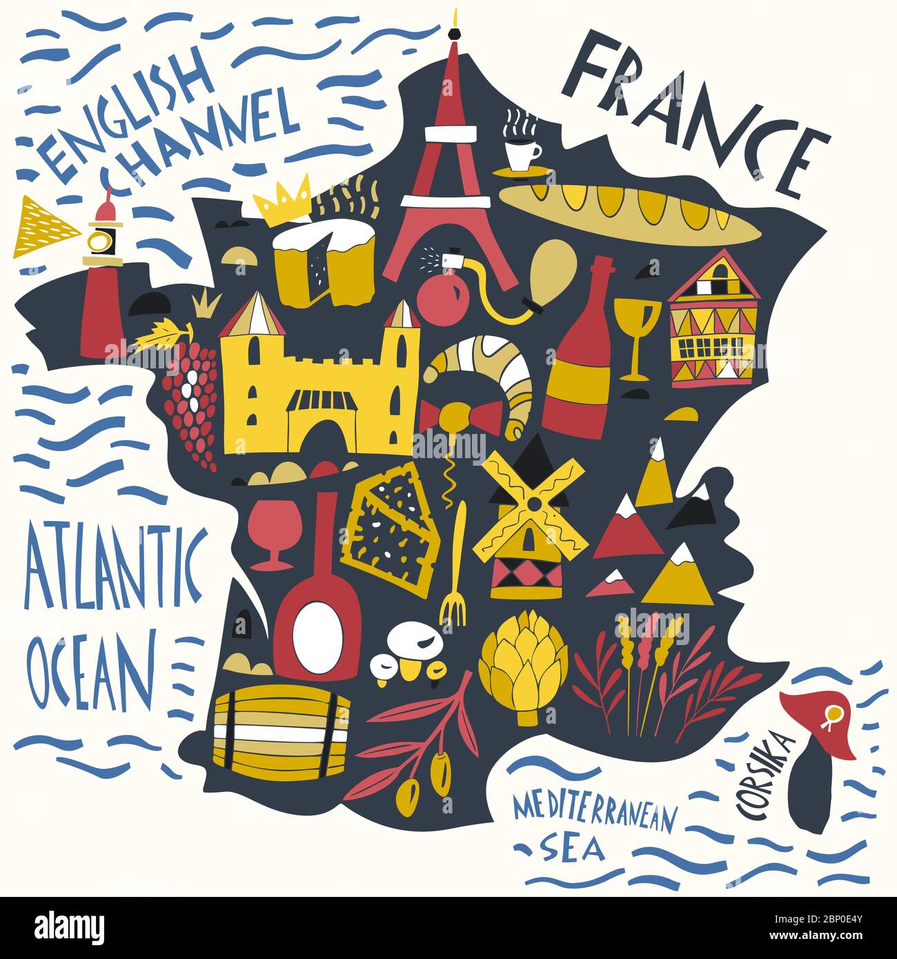 Vector hand drawn stylized map of France. Travel illustration with ...