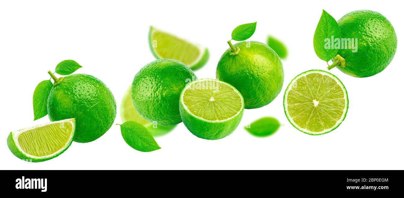 Falling lime isolated on white background with clipping path Stock ...
