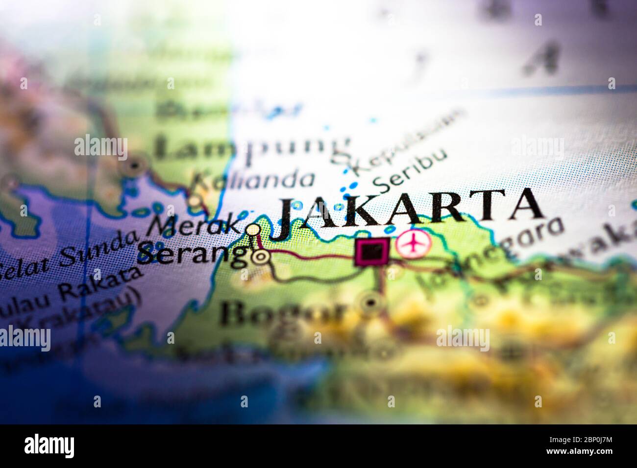 Shallow depth of field focus on geographical map location of Jakarta ...