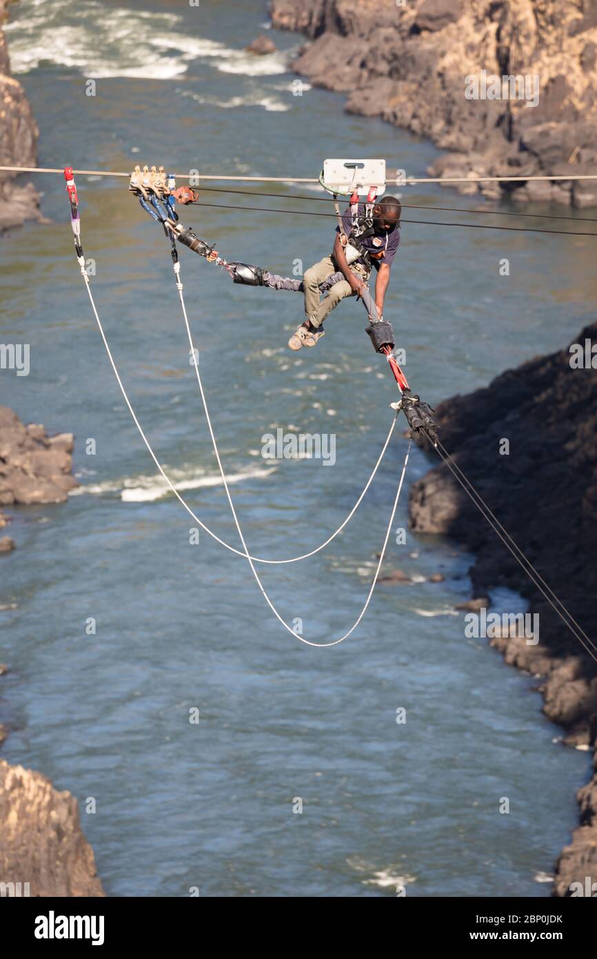 Worker checking zip line high above river Zambesi Stock Photo - Alamy