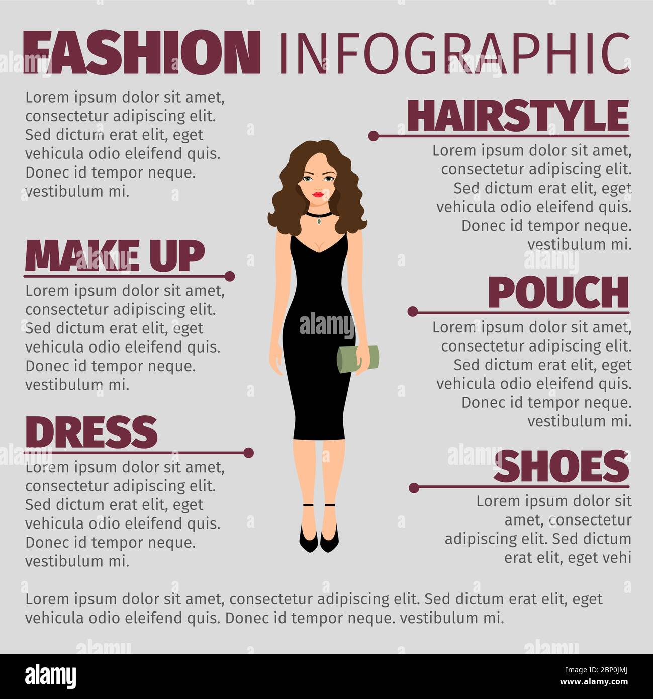 Fashion infographic with lady in night black dress and grey wallet ...