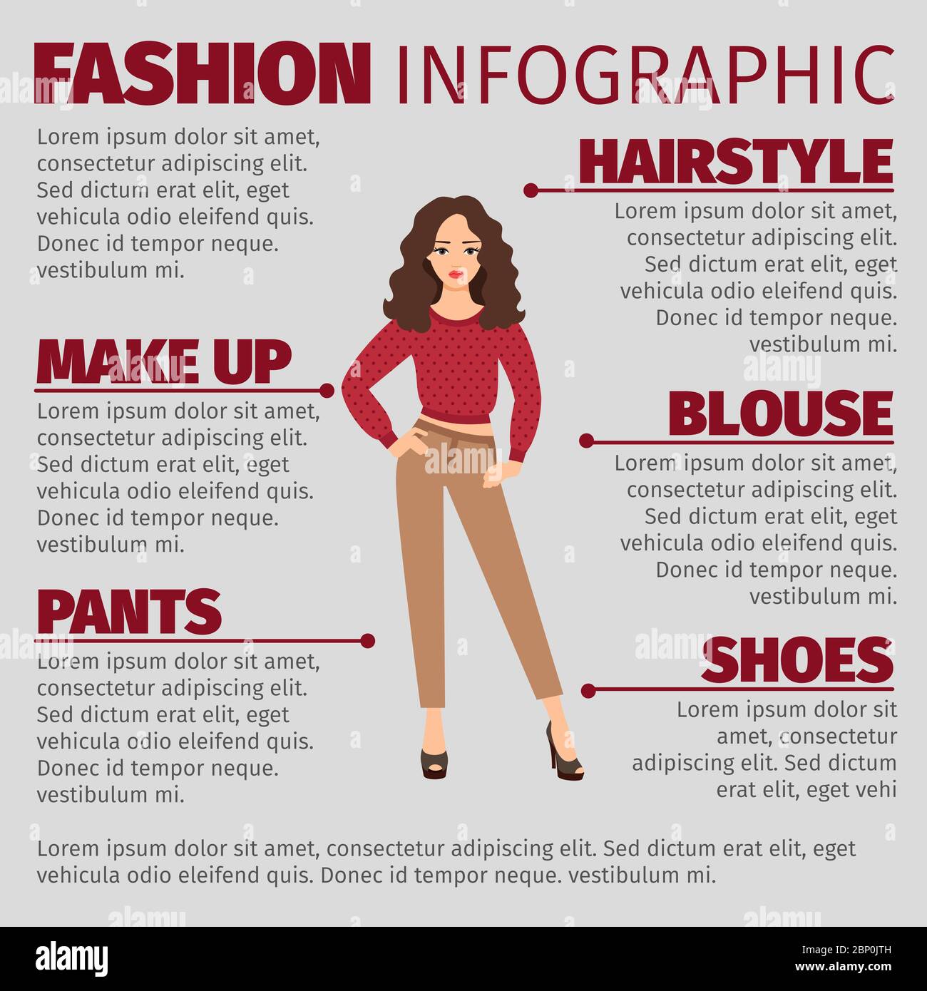 Fashion infographic with girl in a red sweater. Vector illustration ...