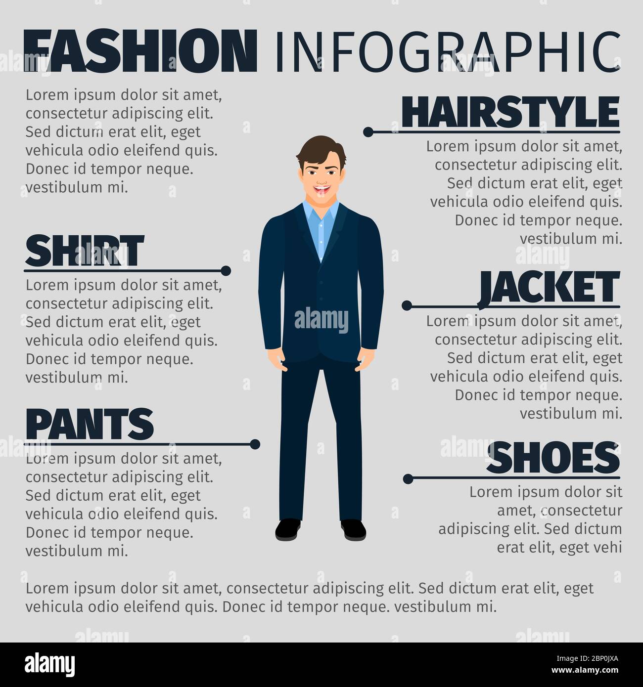 Fashion infographic with young smiling middle manager. Vector ...