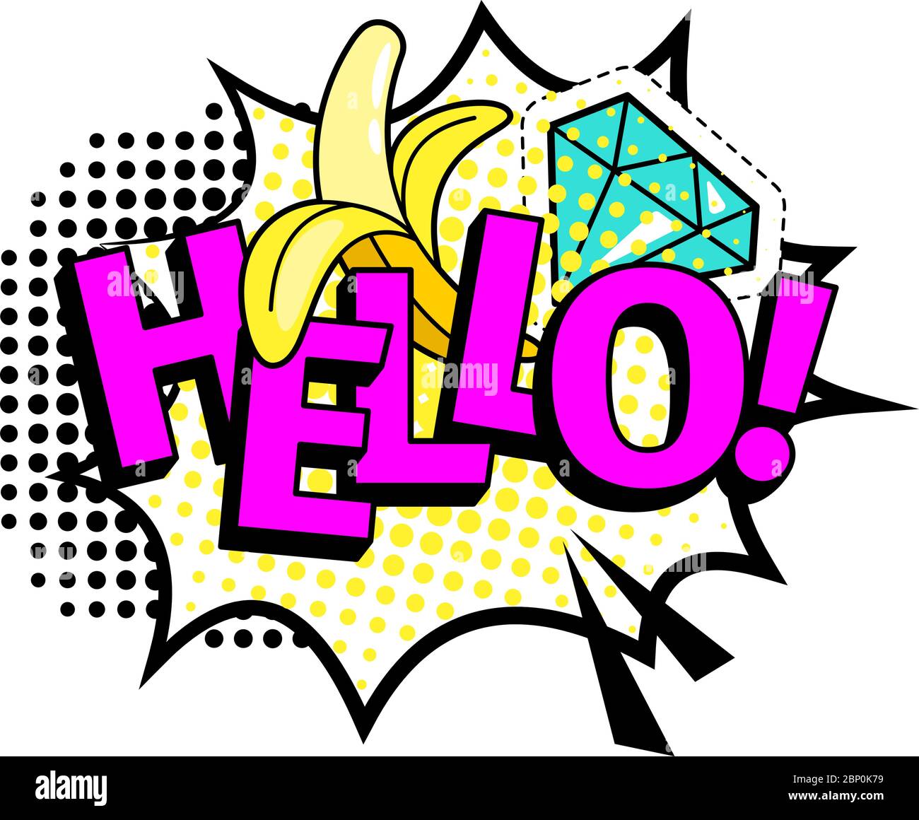 Hello cartoon patch, pop art style coloful icon with banana and diamond ...