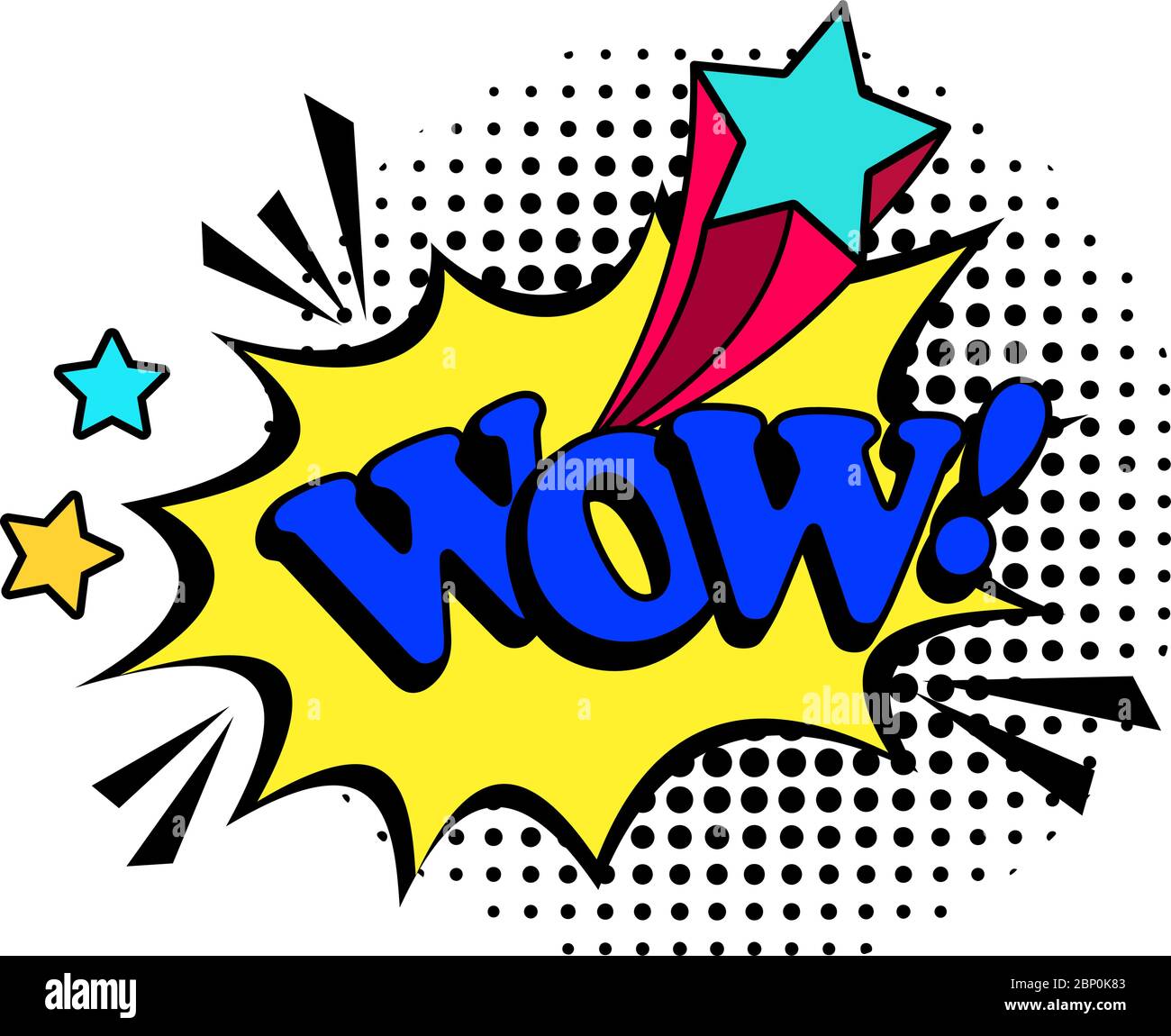 WOW cartoon patch, pop art style coloful icon with stars, vector ...