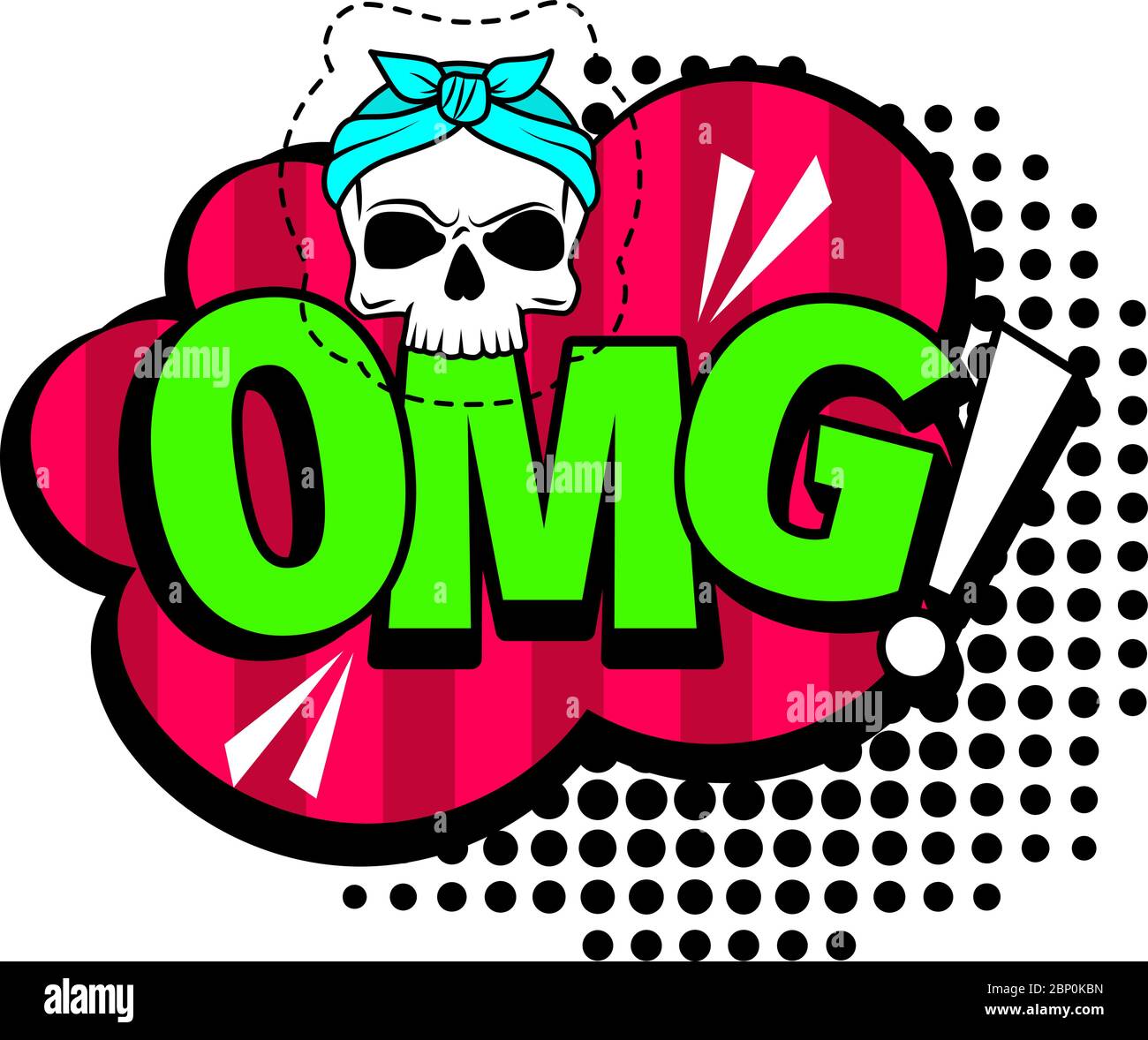 OMG cartoon patch, pop art style coloful icon with skull and ...