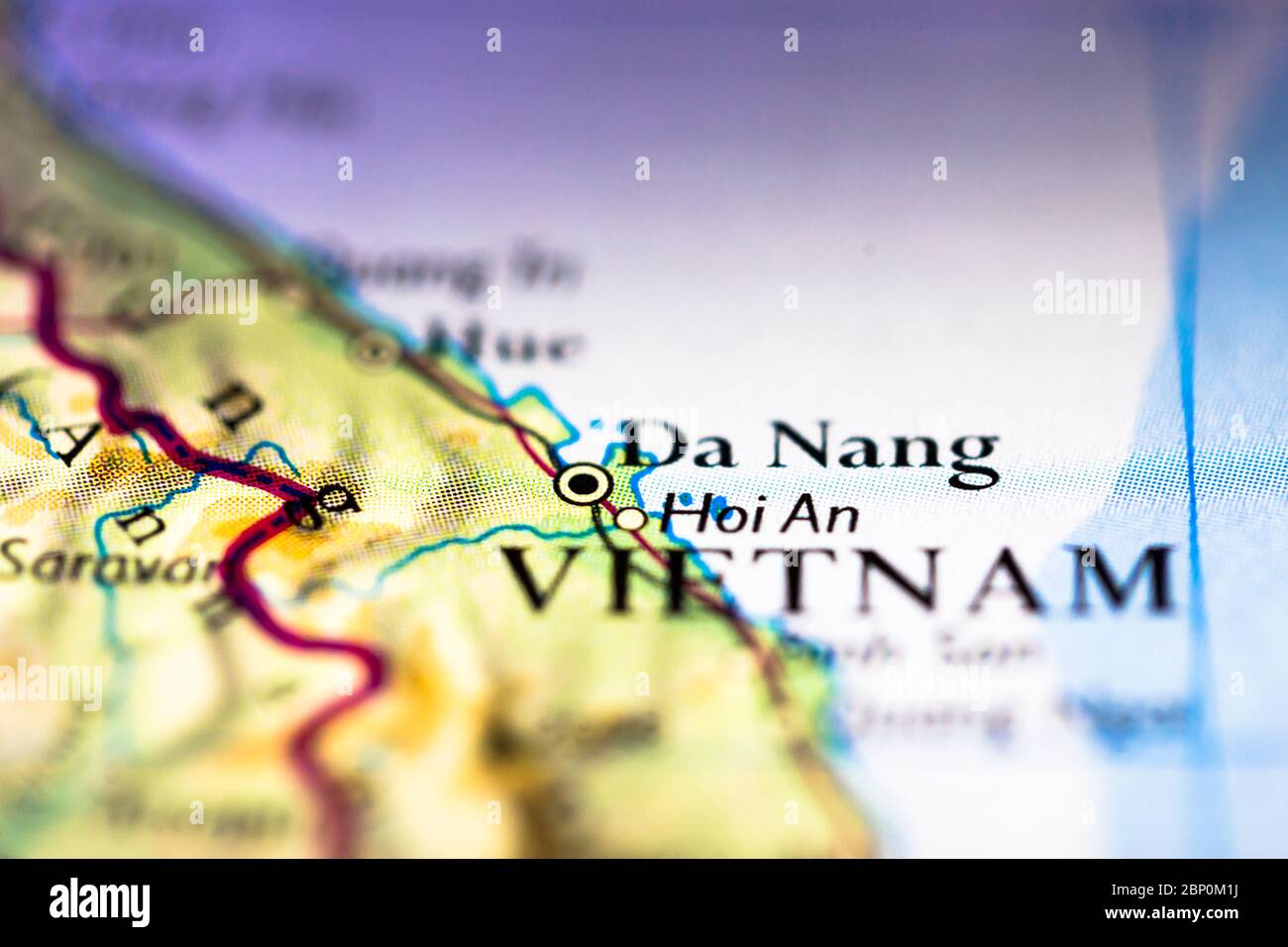 Shallow depth of field focus on geographical map location of Da Nang ...